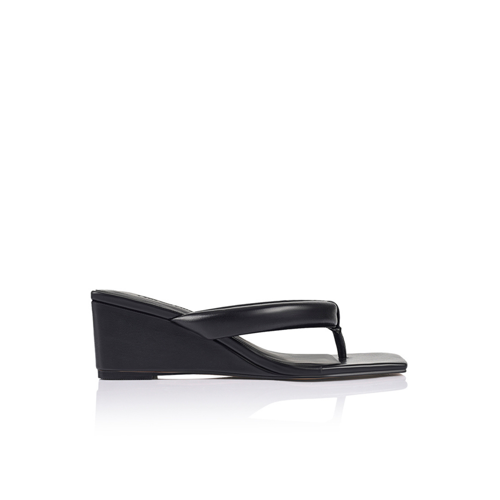 Mandy Thong Wedge Sandal Black Leather